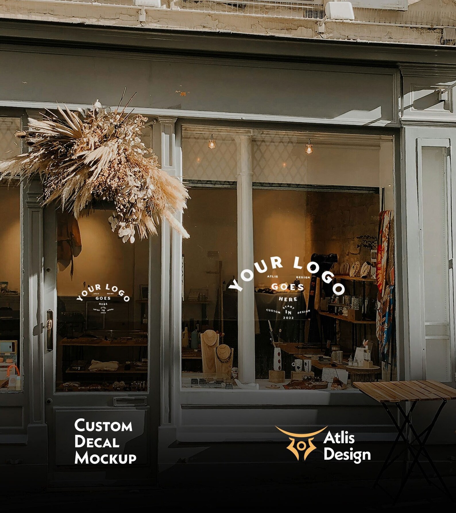 Shop Front Window Decal Mockup With Door Design, Glass Vinyl Mockup ...