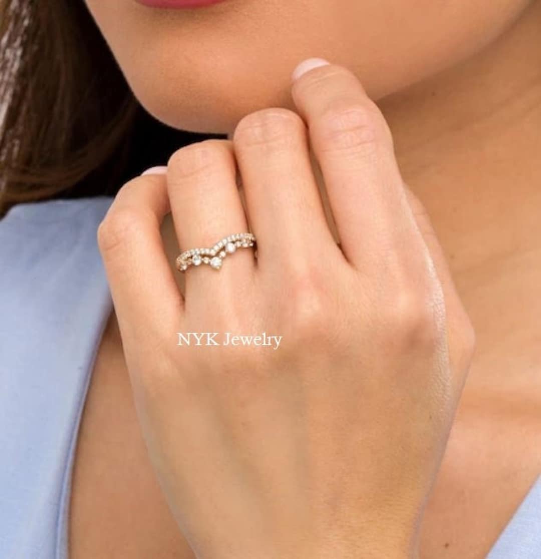 Double Row Curved Wedding Band, Unique Chevron Engagement Band, Diamond ...