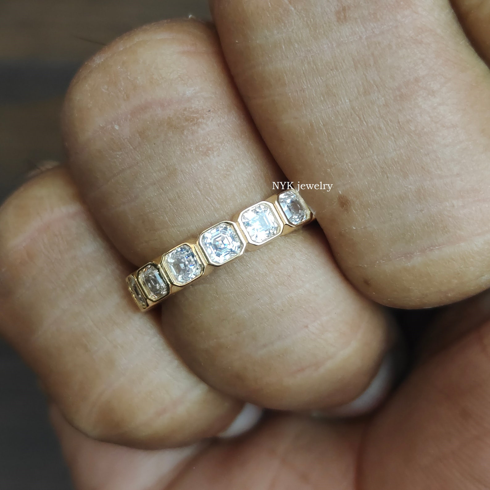 Asscher Cut Bezel Set Band Moissanite Full Eternity Wedding Band 14k ...