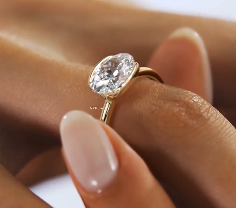 Oval Cut Moissanite East West Engagement Ring Half Bezel Set - Etsy