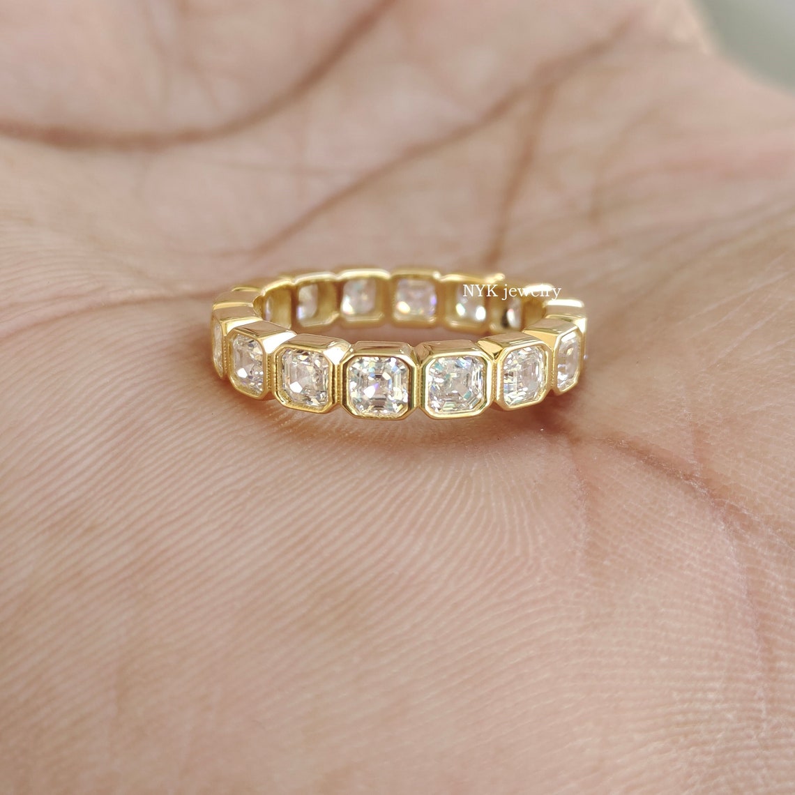 Asscher Cut Bezel Set Band Moissanite Full Eternity Wedding Band 14k ...