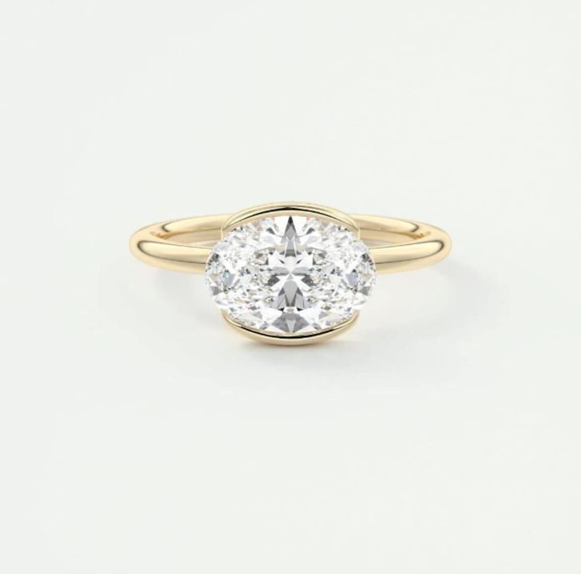 Oval Cut Moissanite East West Engagement Ring Half Bezel Set - Etsy