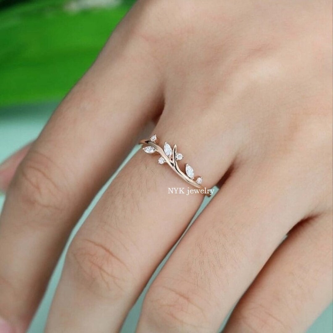 Marquise Cut Moissanite Leaf Wedding Band/14k Rose Gold Nature Inspired Ring/dainty Leaf ...
