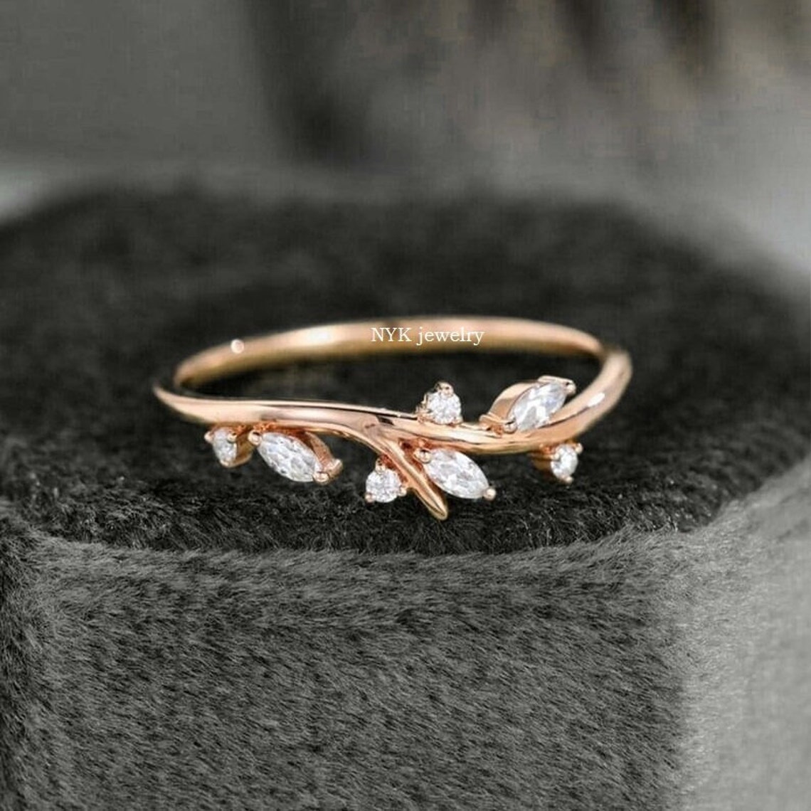Marquise Cut Moissanite Leaf Wedding Band/14k Rose Gold Nature Inspired Ring/dainty Leaf ...
