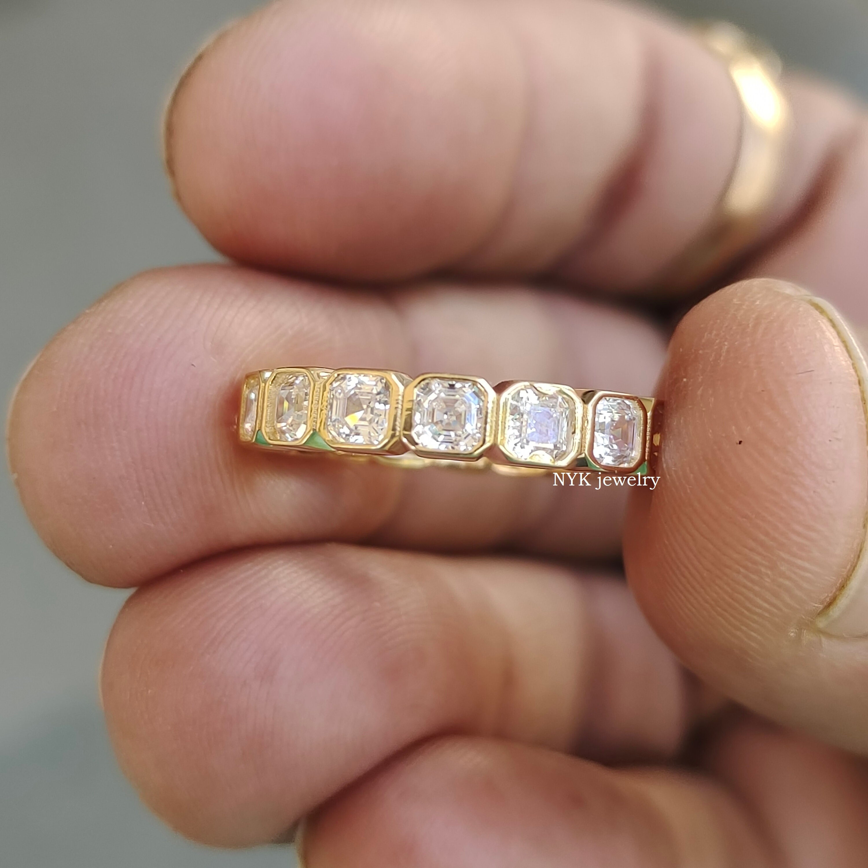 Asscher Cut Bezel Set Band Moissanite Full Eternity Wedding Band 14k ...