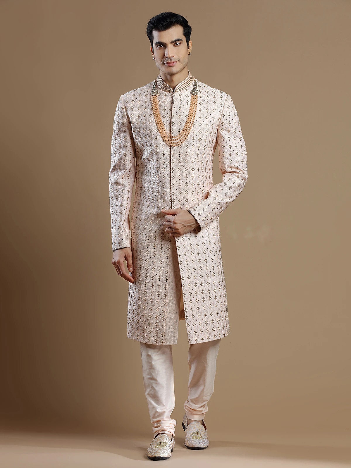 Peach Lavish Embroidery Mens Wedding Wear Sherwani, Function Wear ...