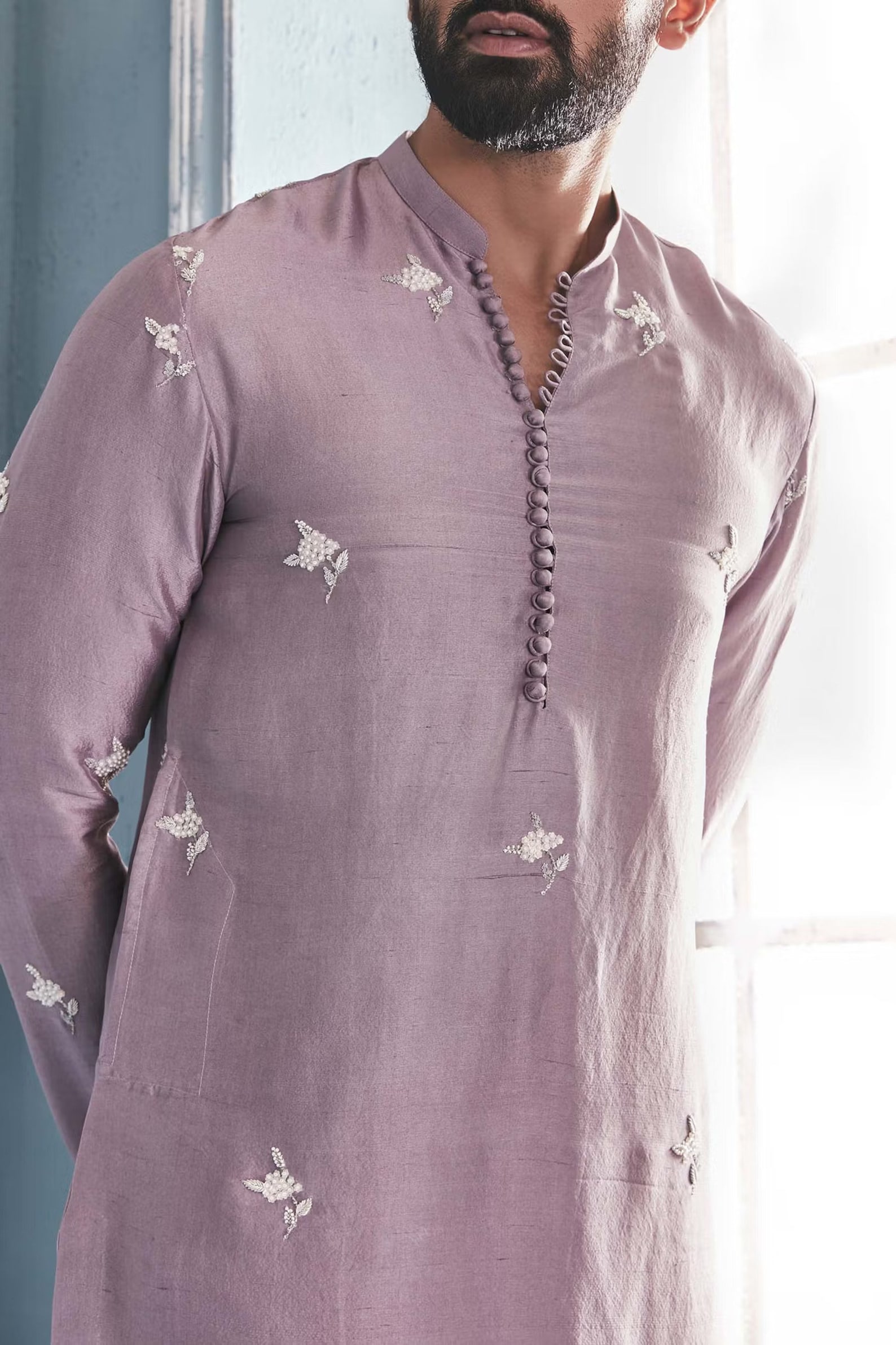 Lilac Color Raw Silk Bespoke Embroidery Wedding Wear Kurta Pajama Set ...