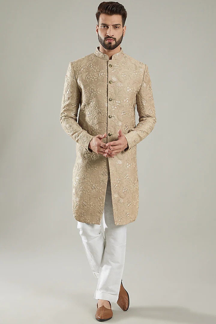 Brown Color Silk Embroidery Mens Wedding Indo Western Jacket, Function ...