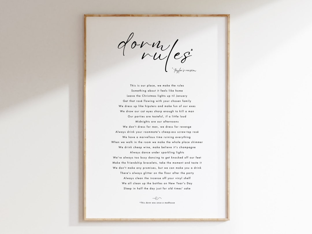 Dorm Rules by Taylor Elegant Minimal Digital Lyric Poster - Etsy