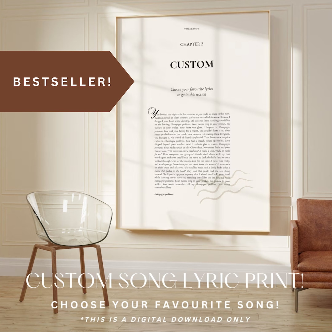 Custom Song Lyric Poster Chapter Book Style Custom Lyric Digital Wall ...