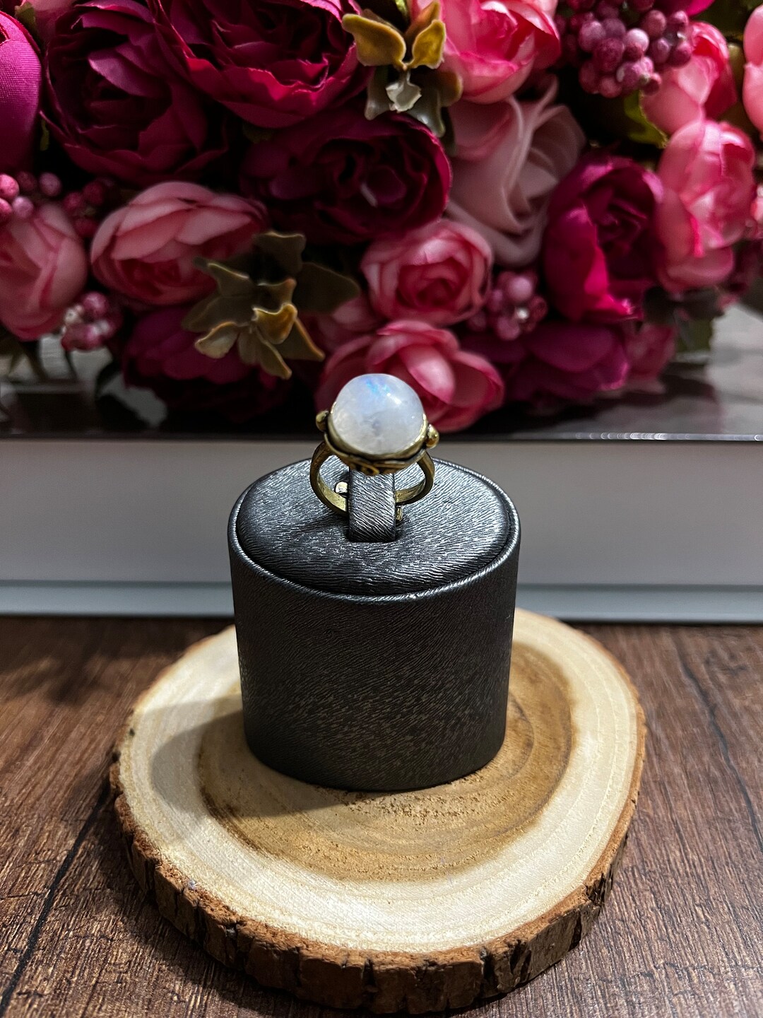 Moon Stone Round Shape Adjustable Bronze Ring women Ring Bronze ...