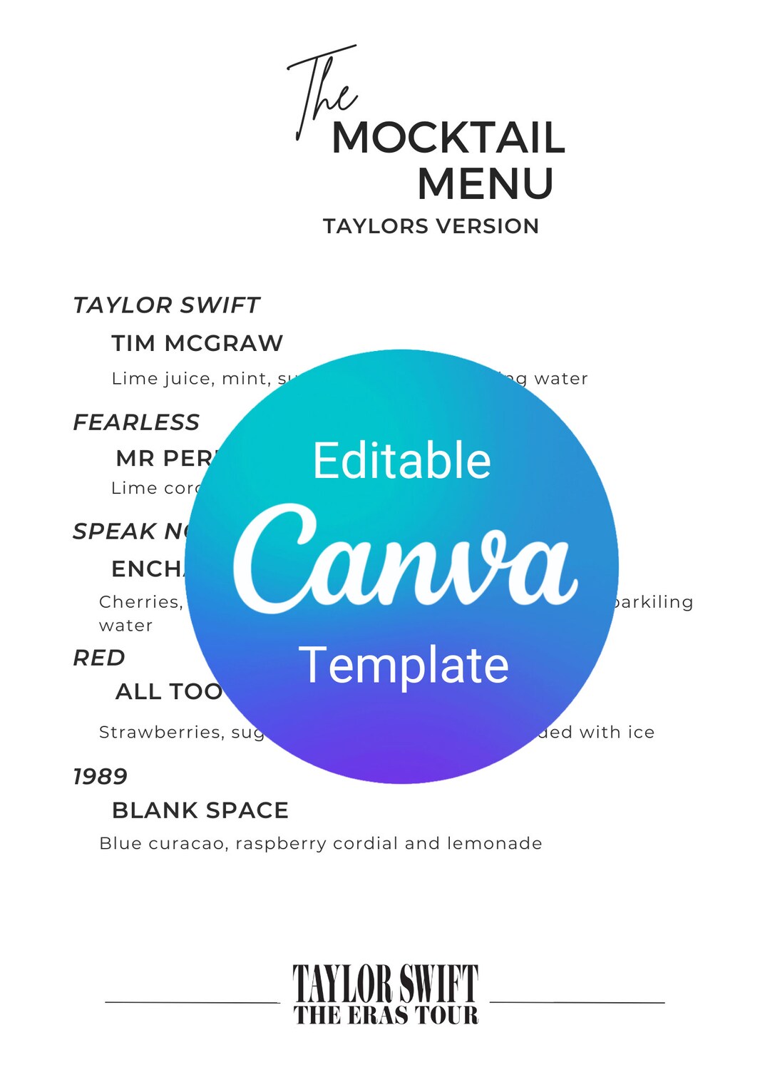 Taylor Swift Eras Tour Mocktail Menu and Recipes - Editable Canva ...