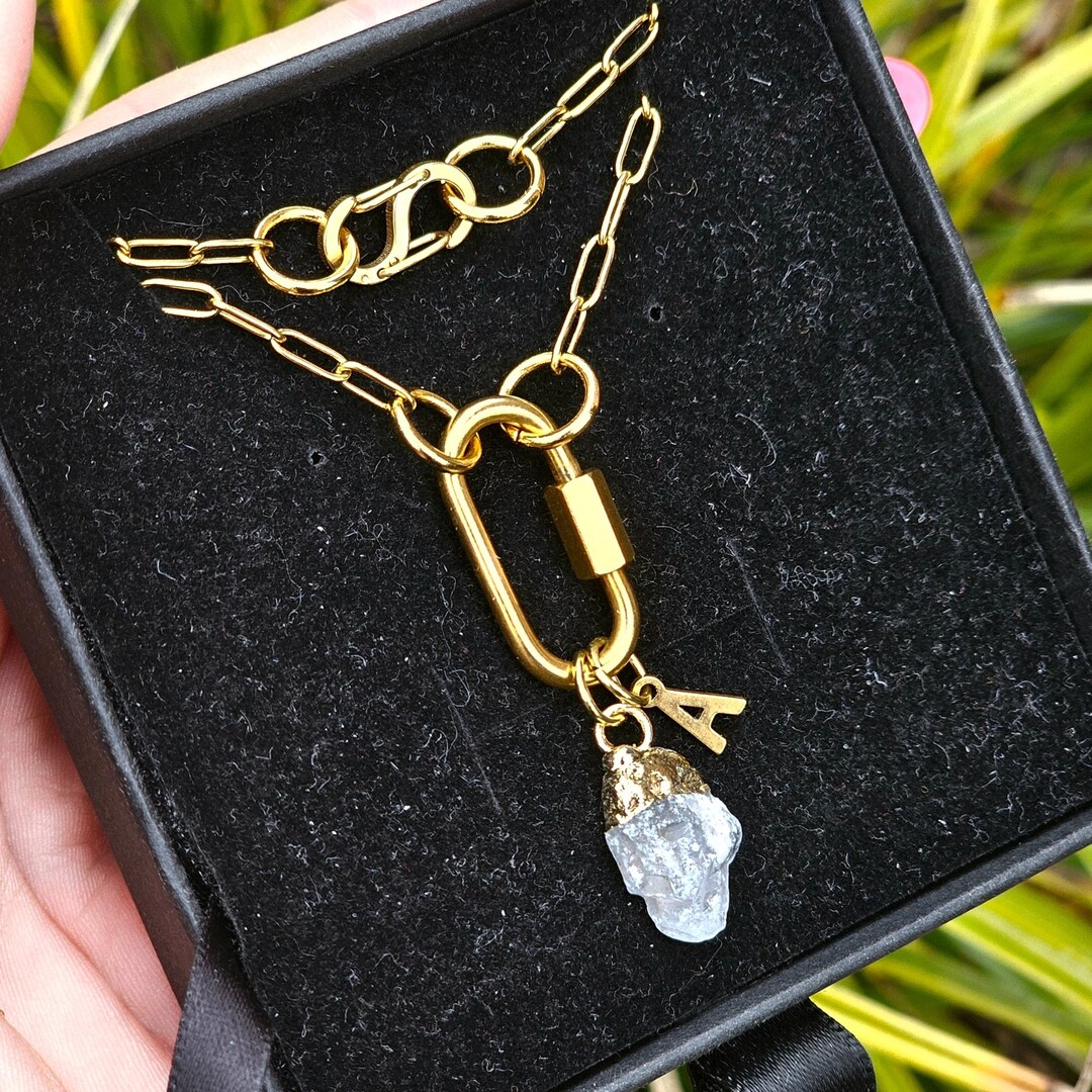 Carabiner Necklace Custom Charm Jewellery Natural Crystal Stone Gold ...