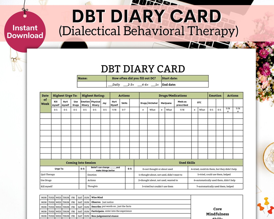 Dbt Diary Card DBT Cards Cbt Worksheets Dialectical - Etsy UK
