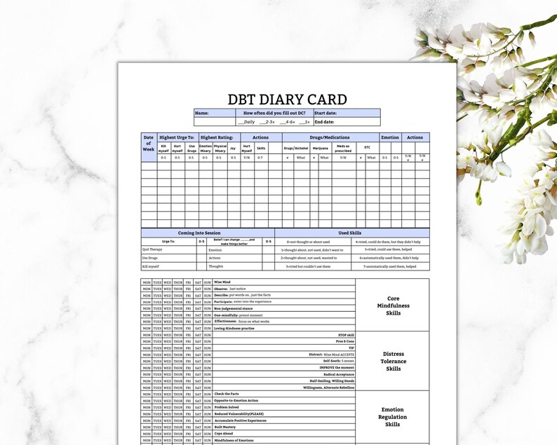 Dbt Diary Card DBT cards cbt worksheets Dialectical Behavior - Etsy.de