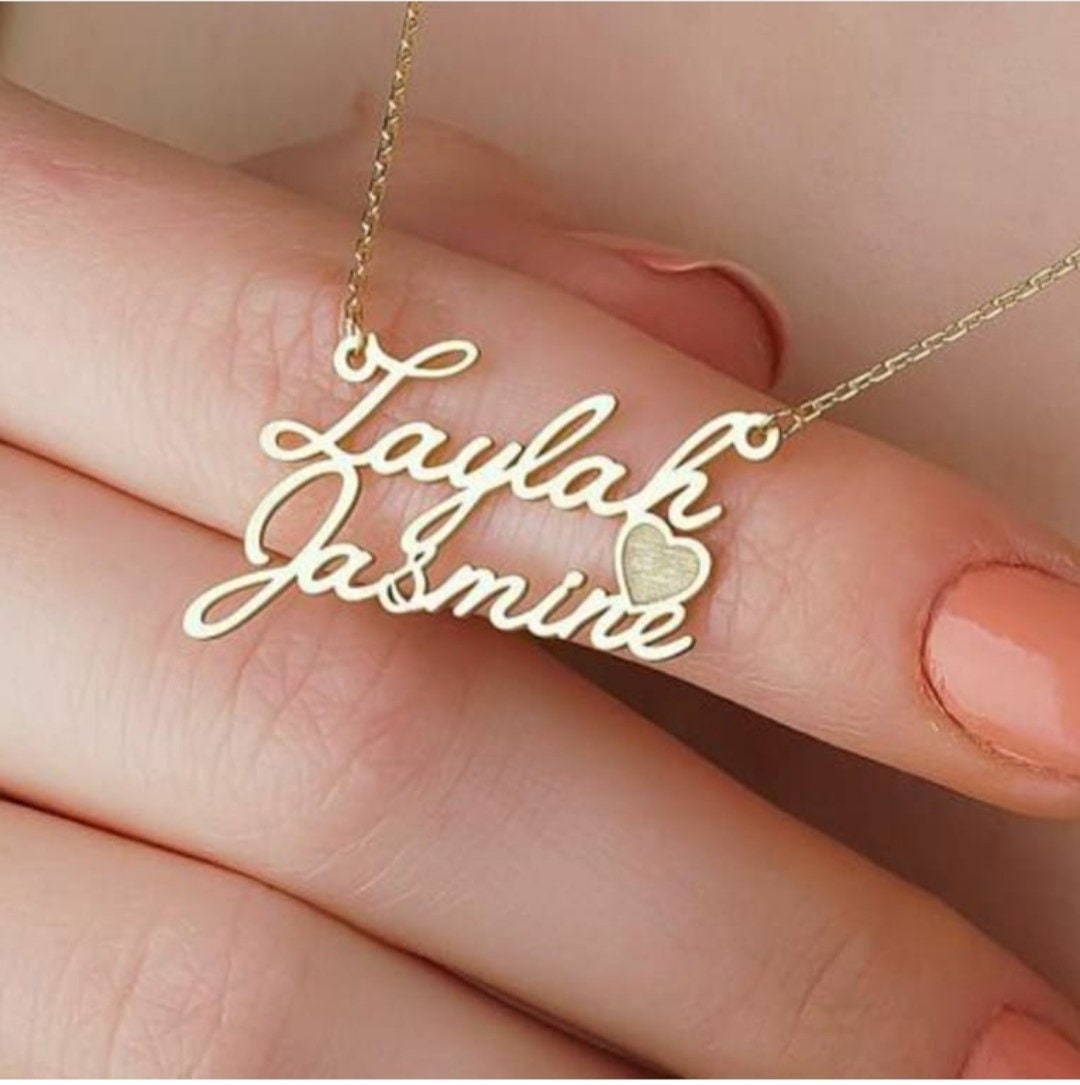 14k Solid Two Name Necklace With Heart Personalized Double - Etsy