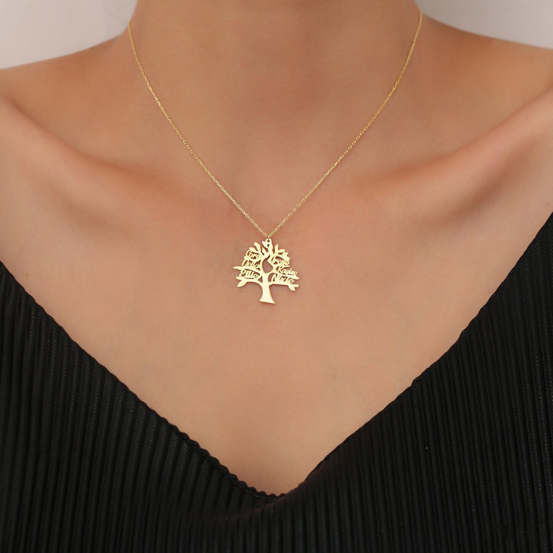 14K Gold Family Tree Name Necklace Tree of Life Pendant - Etsy