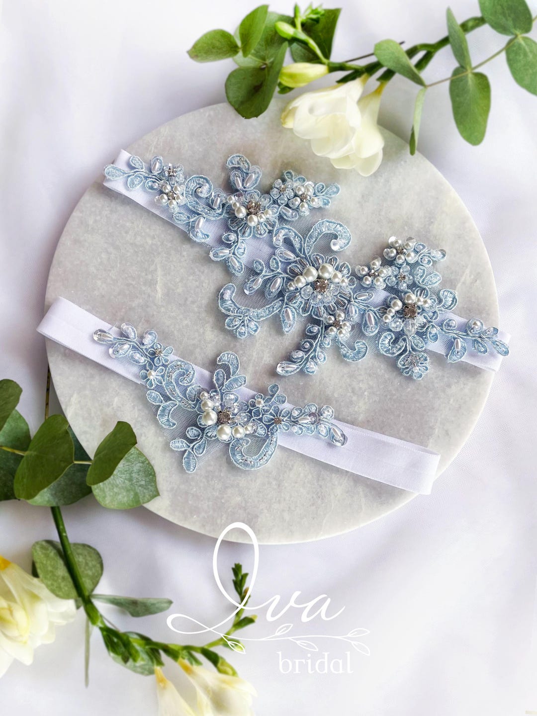 Light Blue Lace Bridal Garter Set – Pearl Crystal Keepsake Toss Garters ...