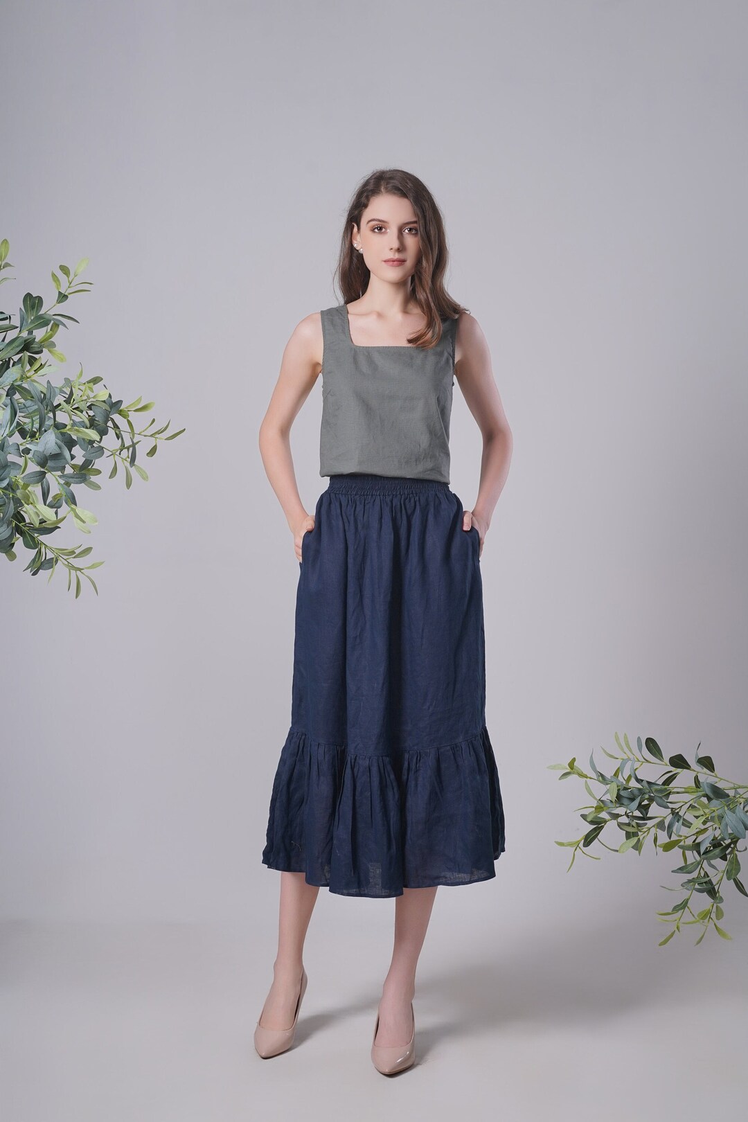 Linen Skirt TULIP, Summer Linen Skirt, Midi Length, Elastic Waistband ...