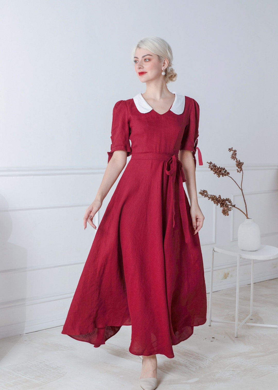 Red Linen Dress Vintage Classic Style Puff Long Sleeve Middie With ...
