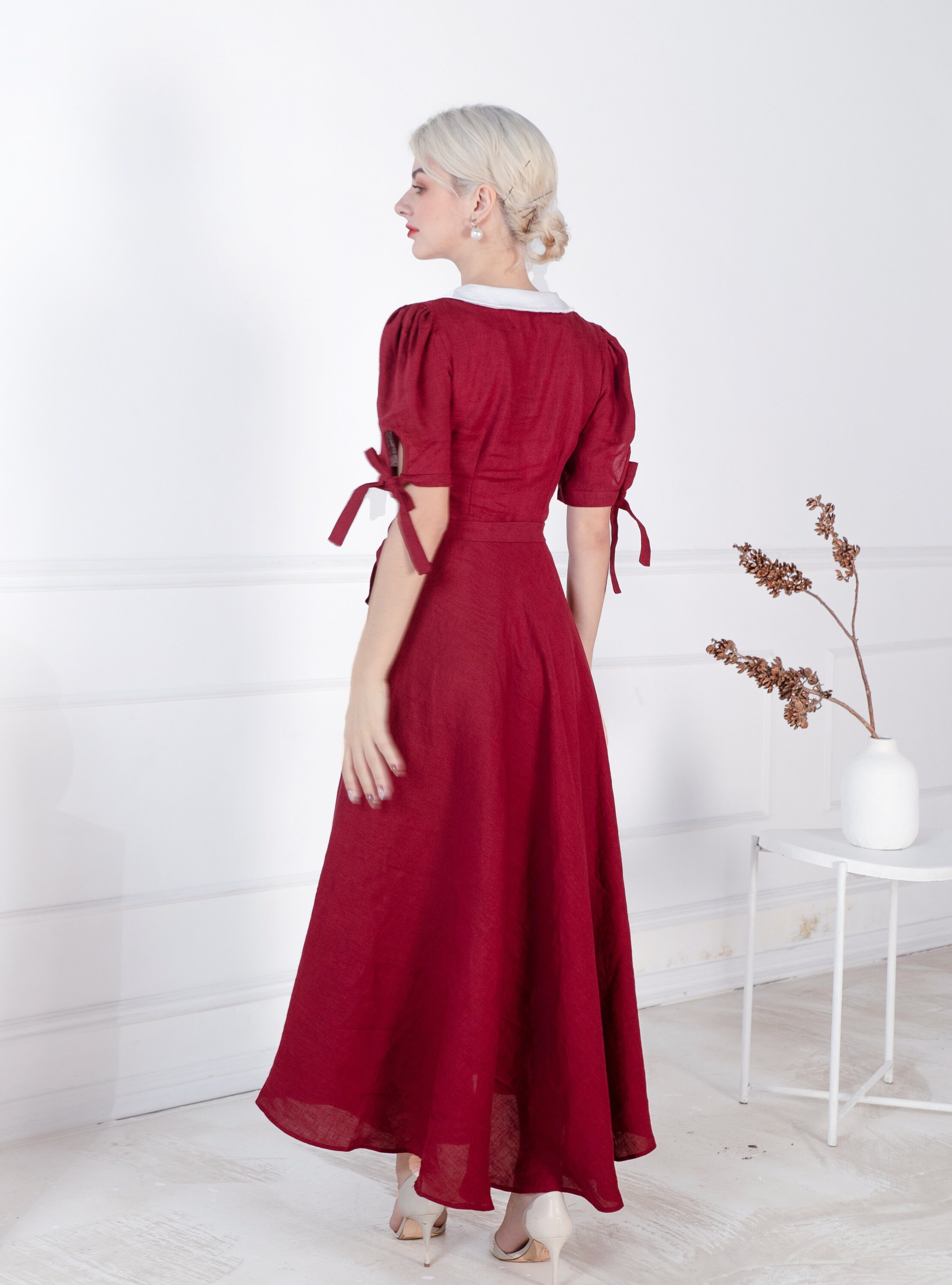 Red Linen Dress Vintage Classic Style Puff Long Sleeve Middie - Etsy