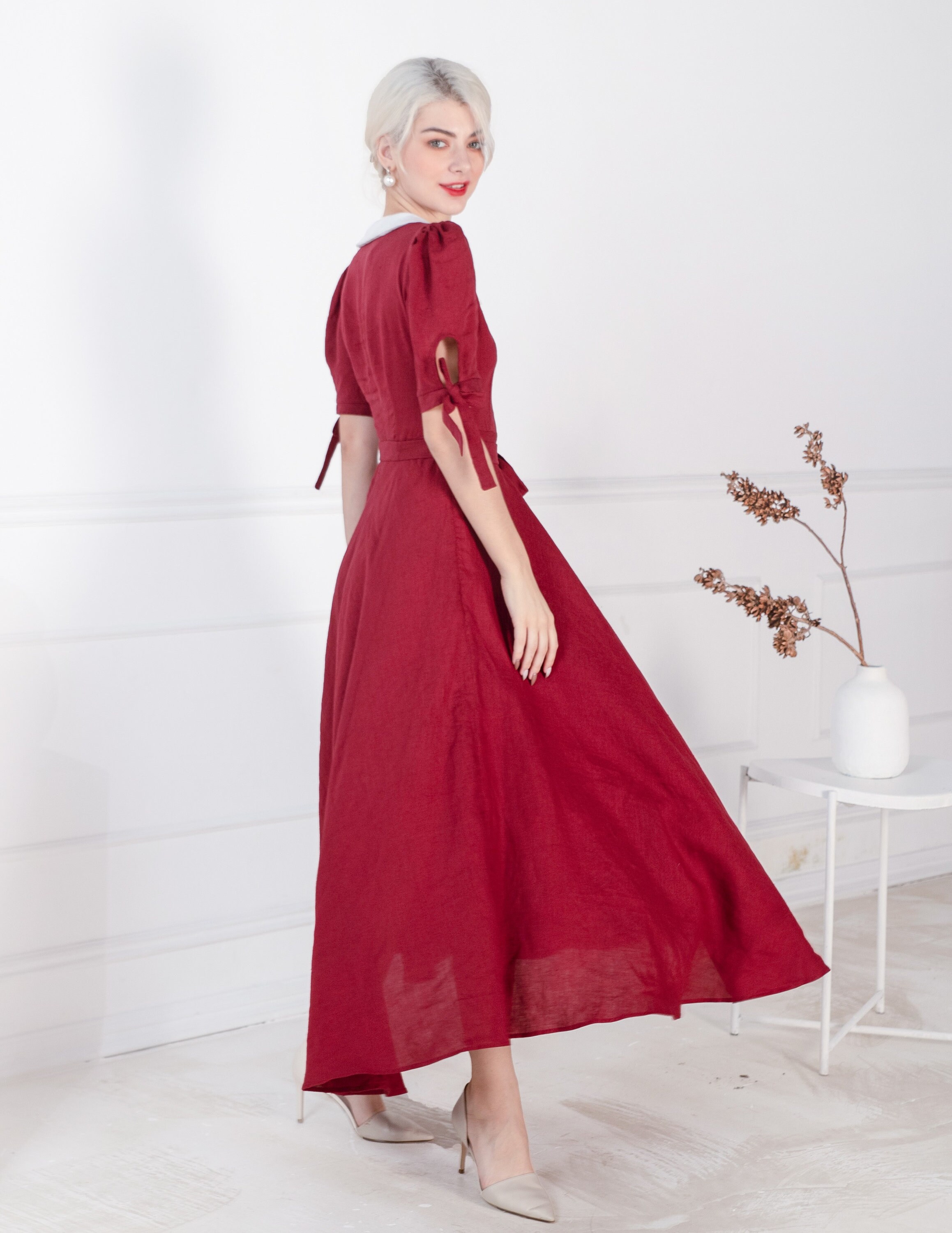 Red Linen Dress Vintage Classic Style Puff Long Sleeve Middie - Etsy