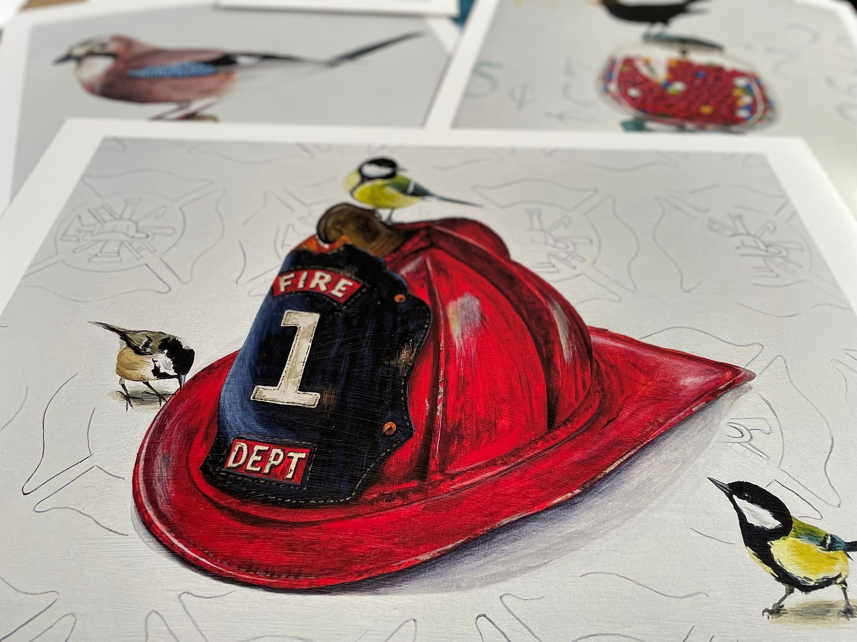 Art Print - Red Vintage US Fireman's Helmet With Coal Tit and Great Tit ...