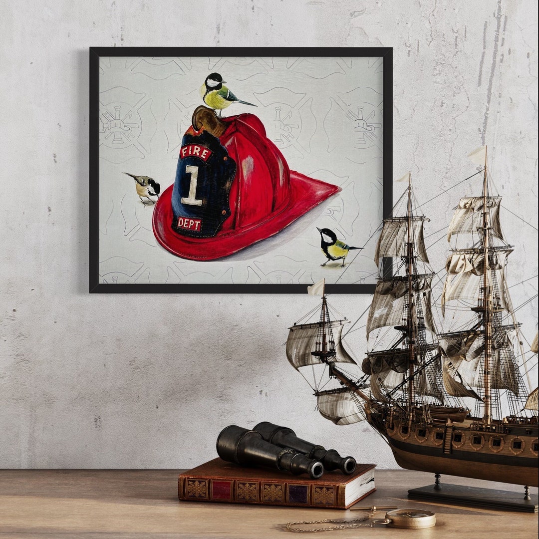 Art Print - Red Vintage US Fireman's Helmet With Coal Tit and Great Tit ...