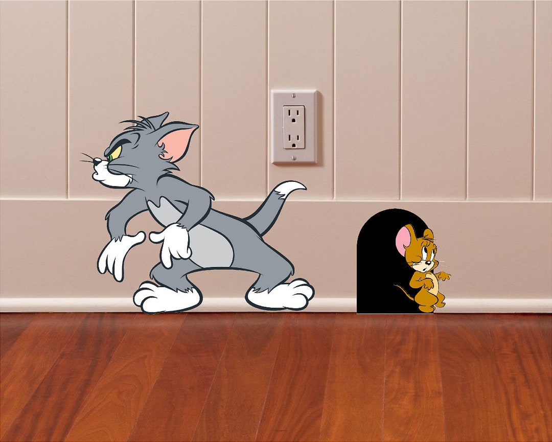 Cartoon Mouse in Hole Peeking Out and Tomcat Prowl for Baseboard Decal ...