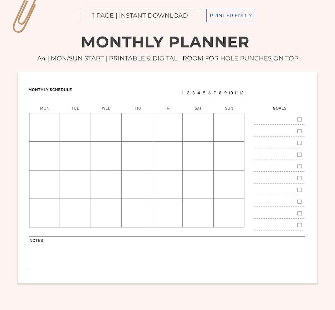 A4 Printable Monthly Goal Planner With Calendar | Mon/sun Start ...
