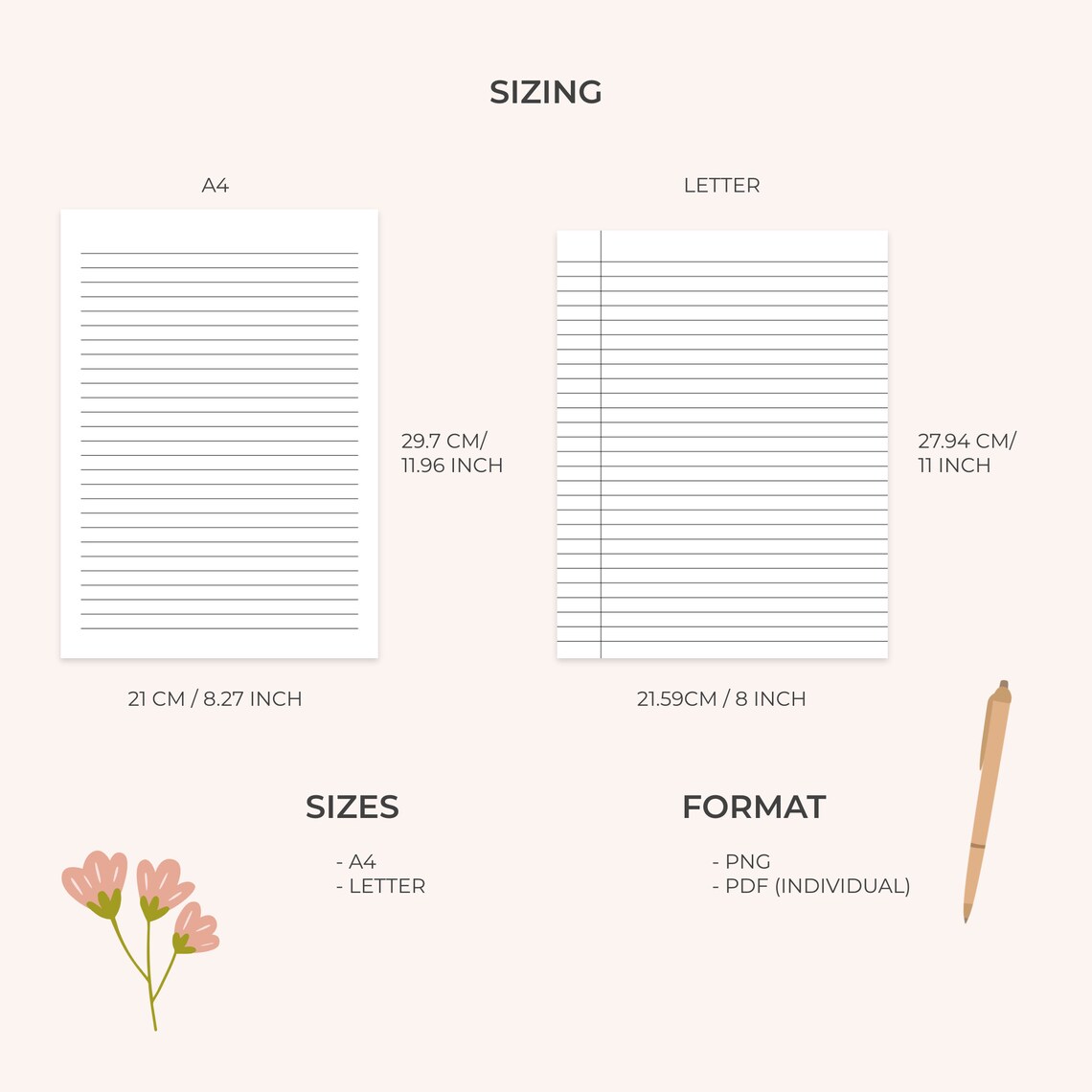 40 Printable Lined Paper PDF | A4, US Letter Size | Note Paper Template ...