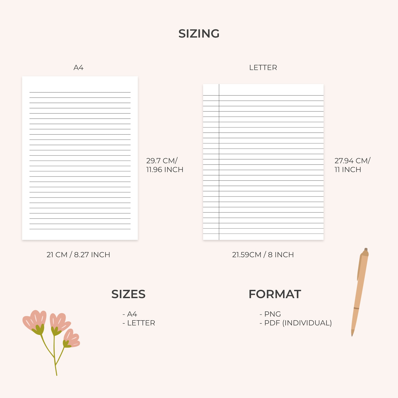 40 Printable Lined Paper PDF | A4, US Letter Size | Note Paper Template ...