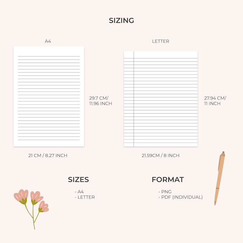 40 Printable Lined Paper PDF | A4, US Letter Size | Note Paper Template ...