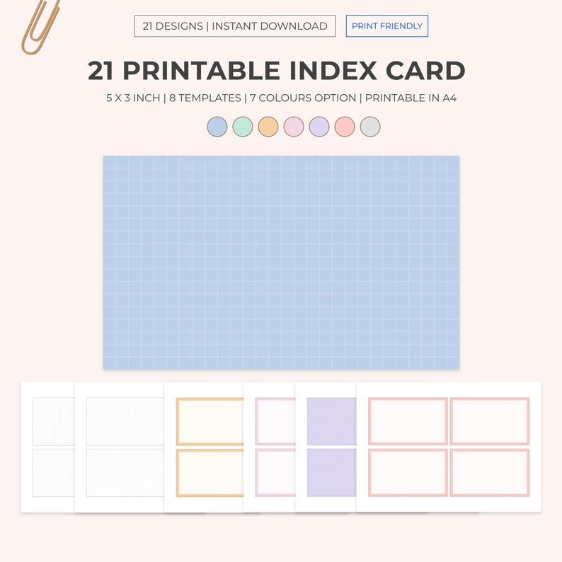 24 Pdfs A4 Printable Grid Notecards for Studying | Colour Index Cards ...