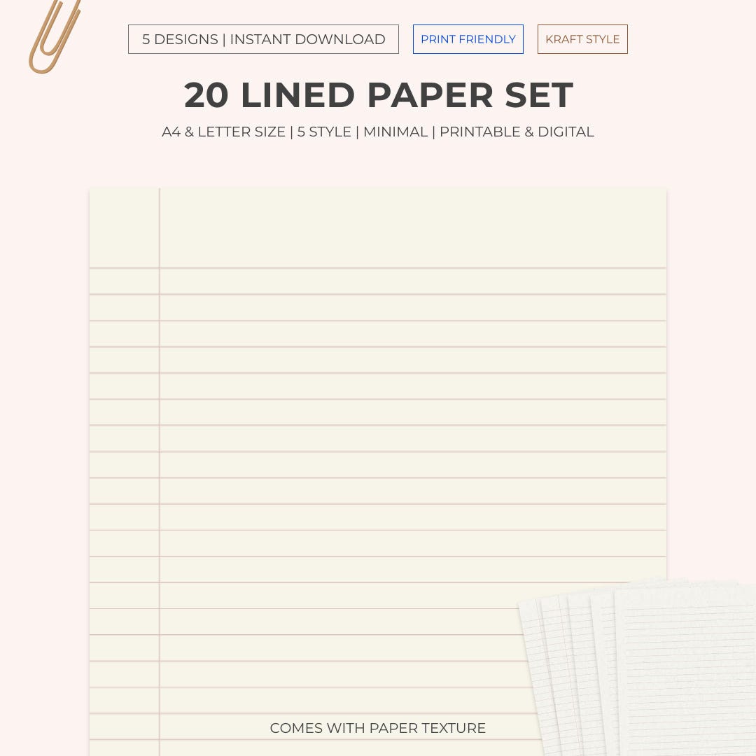 20 Digital Lined Notes Paper Set | A4, US Letter Size | Notebook Lined ...