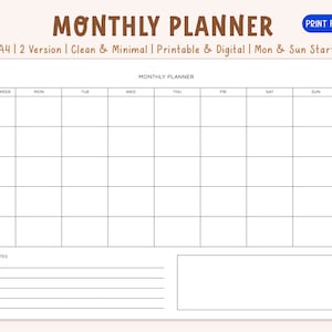 Printable Monthly Planner Blank Calendar Monthly to Do - Etsy