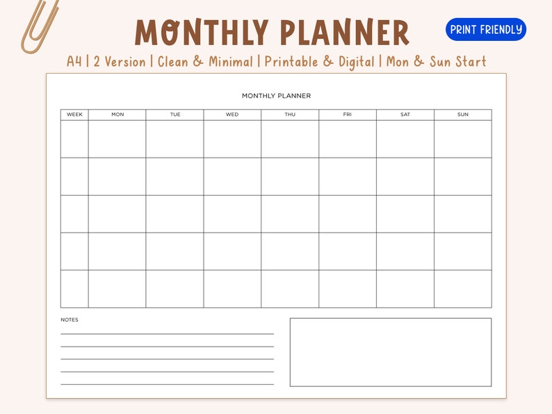 Printable Monthly Planner Blank Calendar Monthly to Do - Etsy