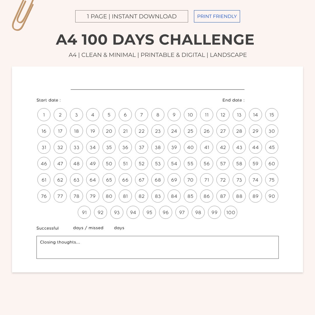 100 Days Challenge Printable Progress Checker 100 Day Habit Tracker ...
