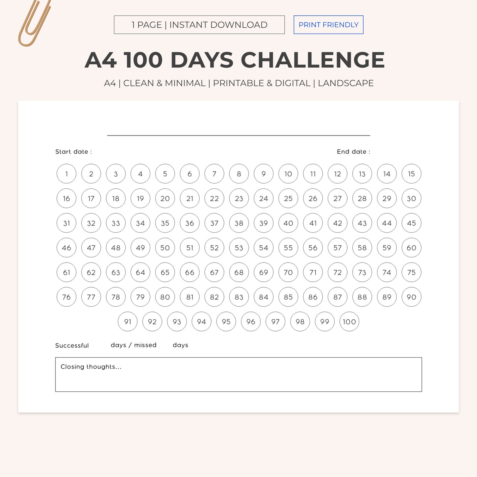 100 Days Challenge Printable Progress Checker 100 Day Habit Tracker ...