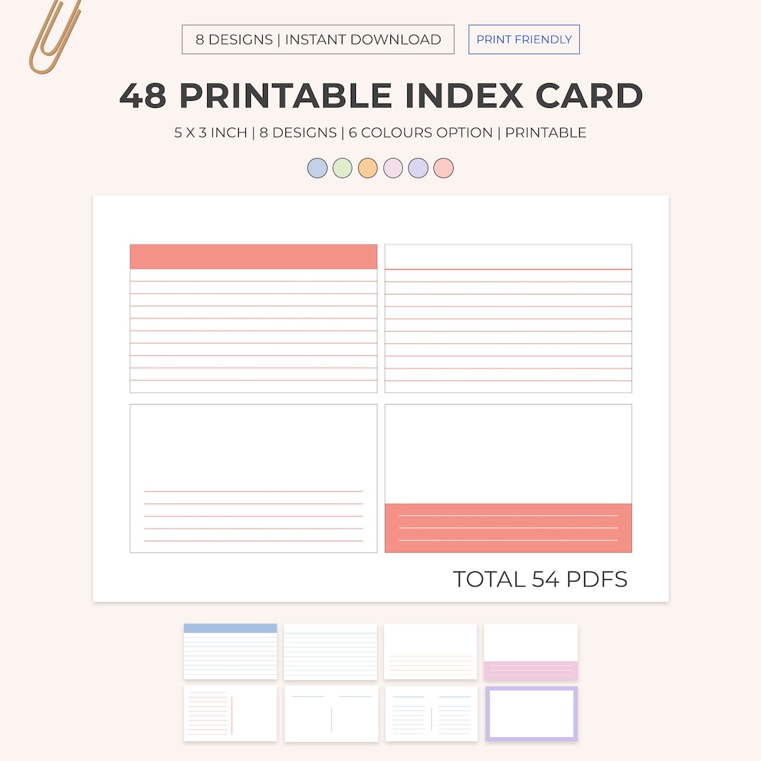 54 Pdfs A4 Printable Notecards for Studying | Colour Index Cards ...