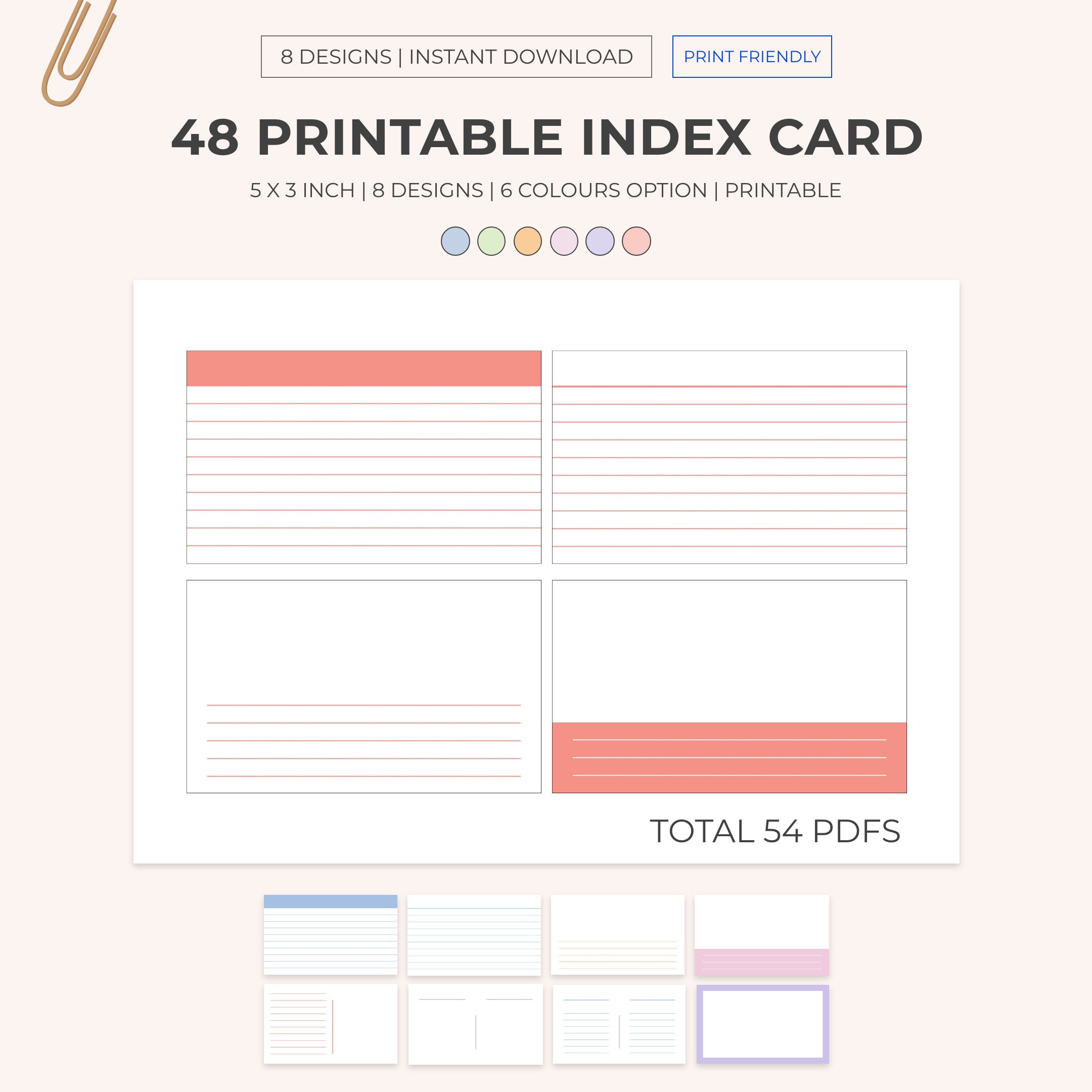 54 Pdfs A4 Printable Notecards for Studying | Colour Index Cards ...
