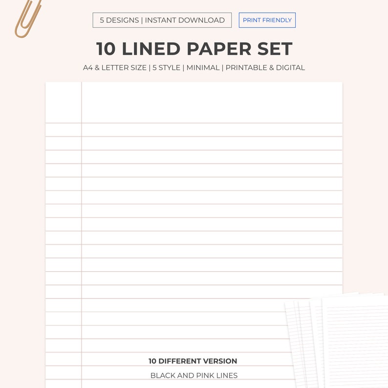 Printable Lined Paper PDF A4, US Letter Size Note Paper Template Note ...
