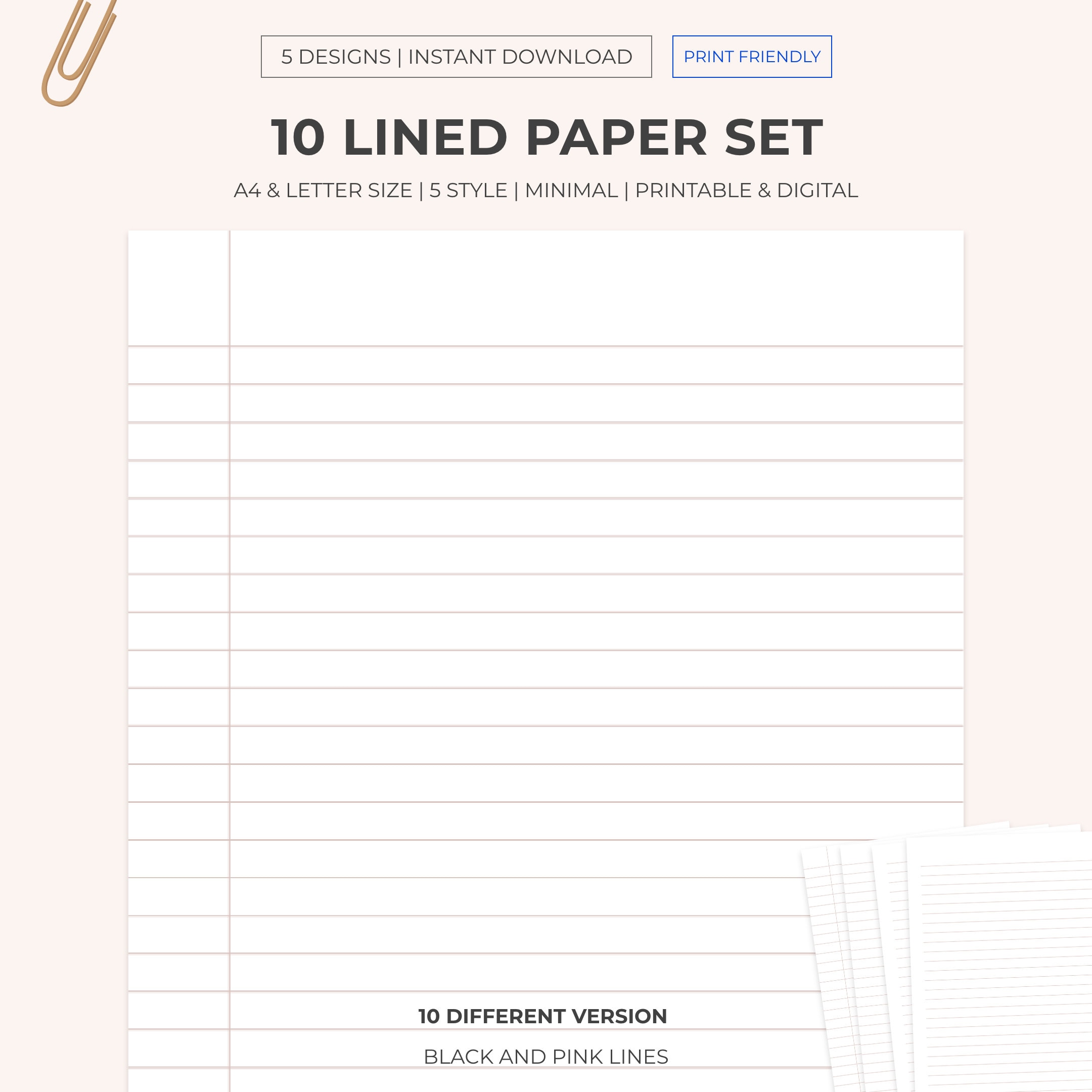 Printable Lined Paper PDF A4, US Letter Size Note Paper Template Note ...