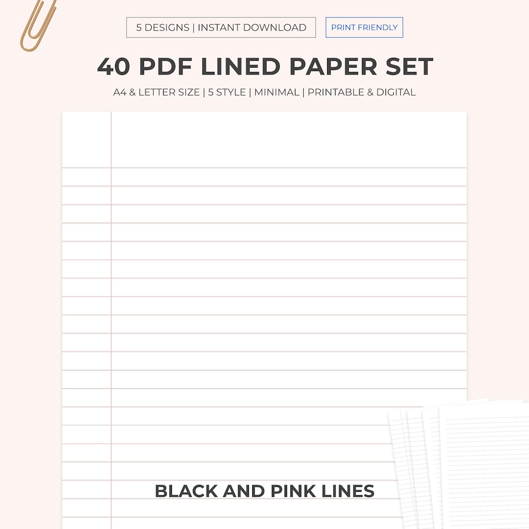 40 Printable Lined Paper PDF | A4, US Letter Size | Note Paper Template ...