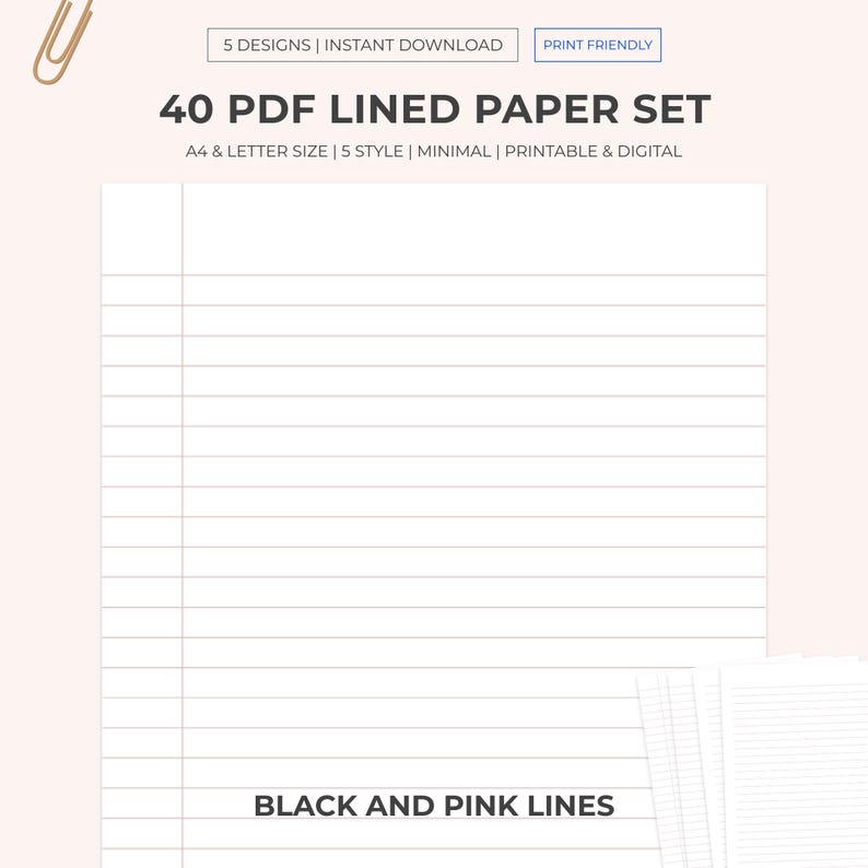 40 Printable Lined Paper PDF | A4, US Letter Size | Note Paper Template ...