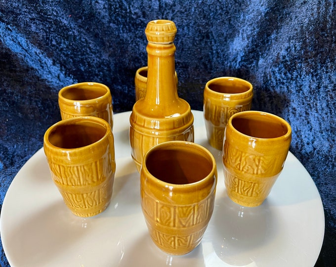 Vintage Ceramic Rum Barrel Bottle and Tiki Mugs Serving Set Retro Tiki ...