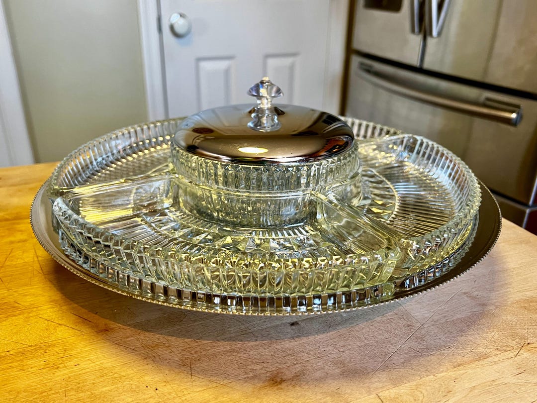 Mid Century Modern Kromex USA Stainless Crystal Glass Partitioned Lazy ...