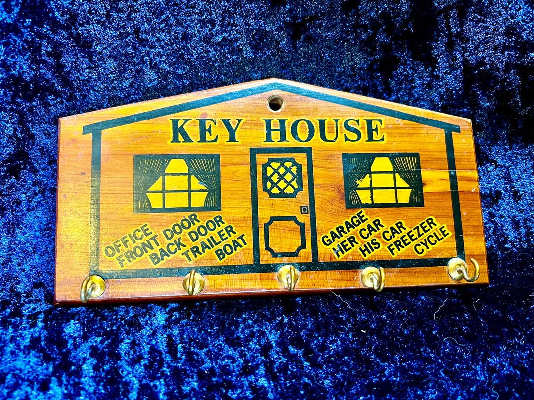 Vintage Wood Key House Sign Brass Hooks for Hanging Keys Rustic Retro ...