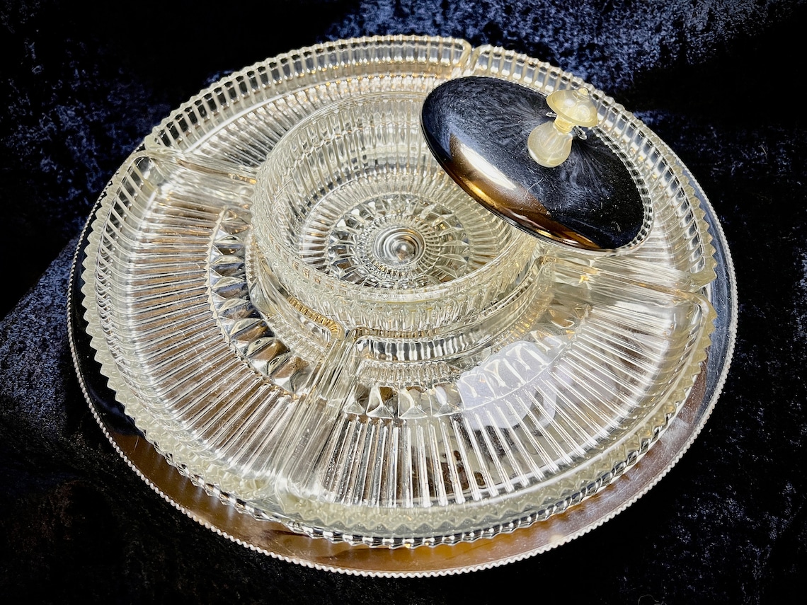 Vintage Mid Century Lazy Susan Glass Pedestal Serving Carousel Kromex ...