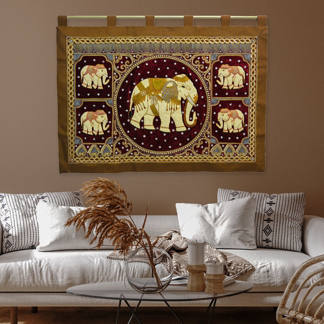 Beaded Sequin Elephant Tapestry, Burmese Kalaga, Authentic Tapestry ...